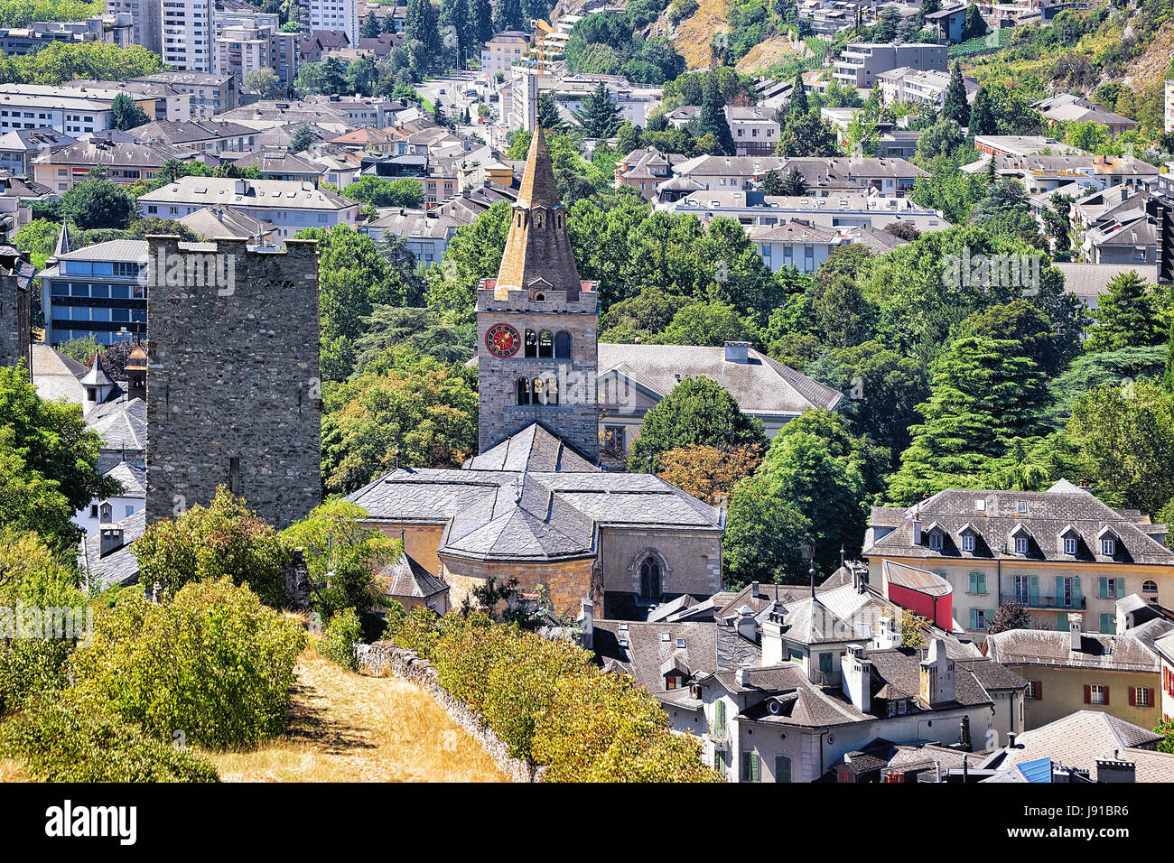 City landscape with Notre Dame Cathedral and Majorie Tower in Sion ...