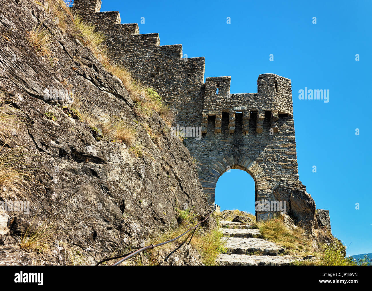 Entrance gate into Tourbillon castle in Sion, Canton Valais ...