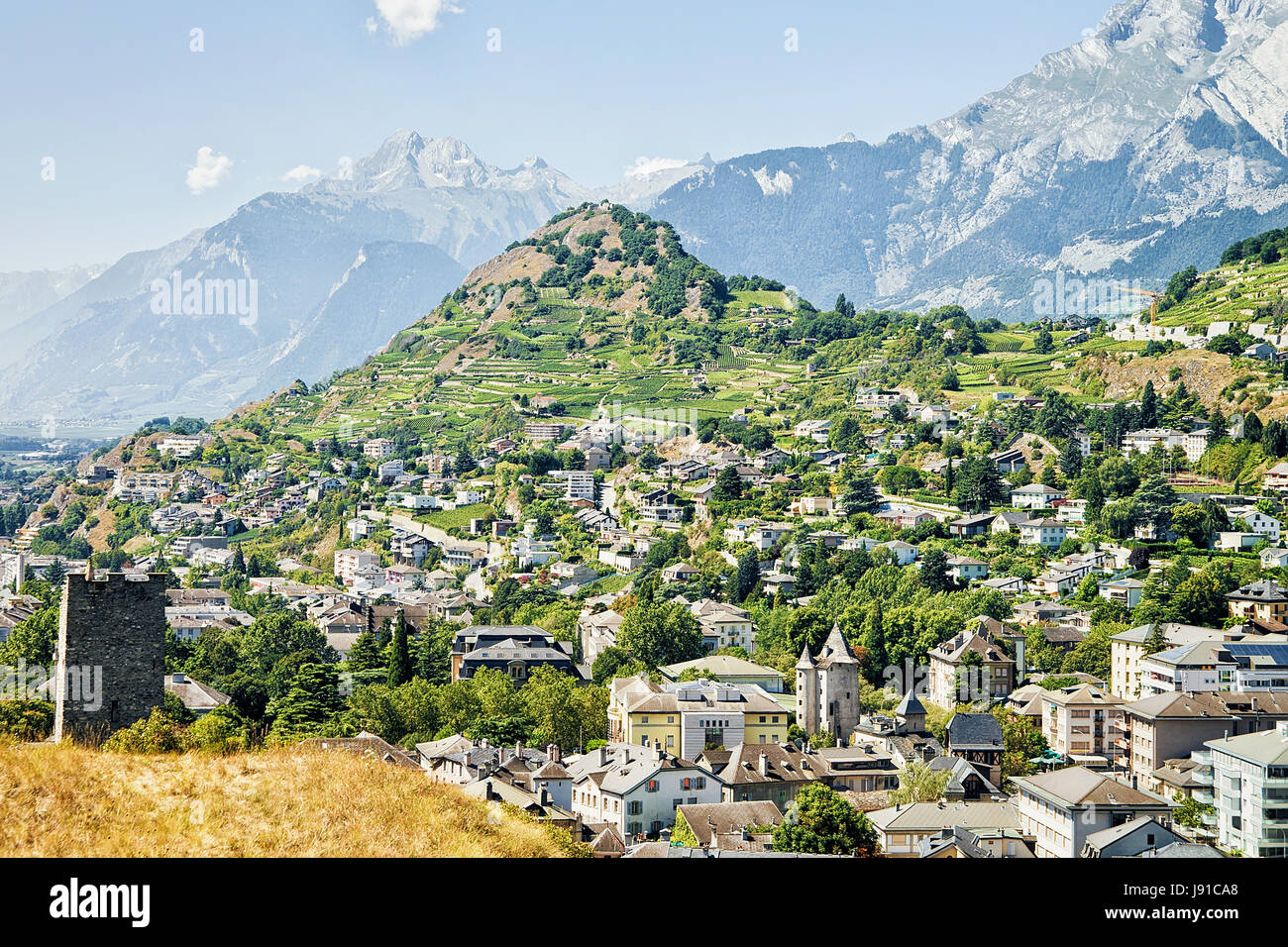 Sion city with valley and Bernese Alps mountains, Valais canton ...