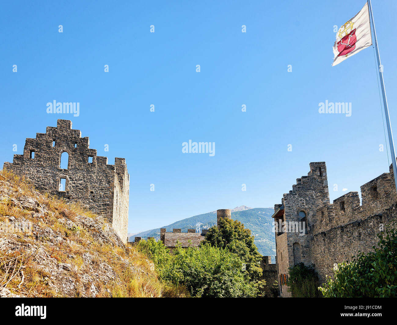 Stone walls of Tourbillon castle at the hill of Sion, Canton Valais ...