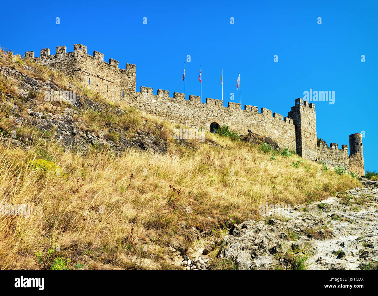 Stone walls of Tourbillon castle on the hill at Sion, Canton Valais of ...