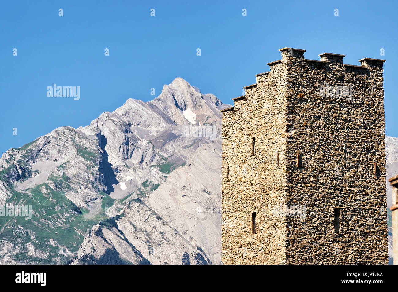 Tower of Majorie Castle and landscape with Haut de Cry mountain in Sion ...