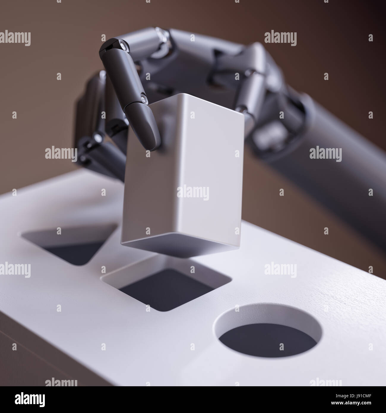 Robotic Hand and Shape Sorting Toy Closeup. Machine Learning and ...