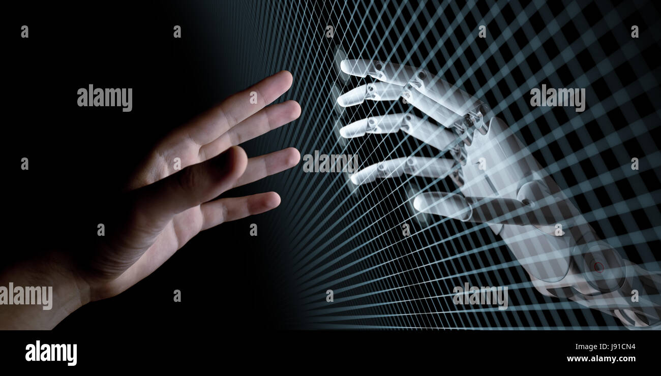 Hands of Robot and Human Touching Through Virtual Grid on Black ...