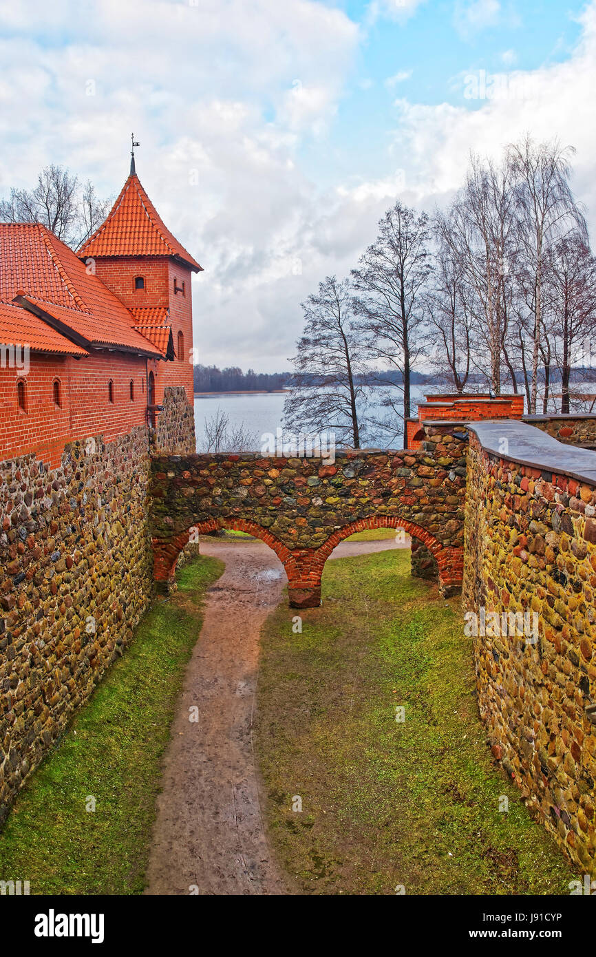 Tower and defensive walls in Trakai island castle museum at the day ...