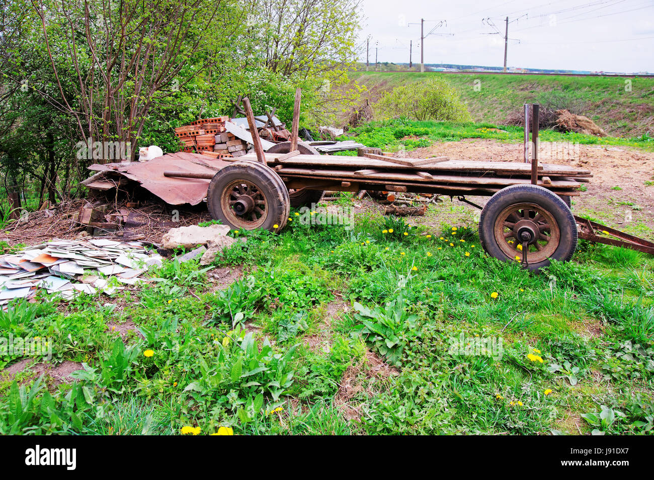 Rural scene with cat at the old rusty cart in Vilnius countryside ...