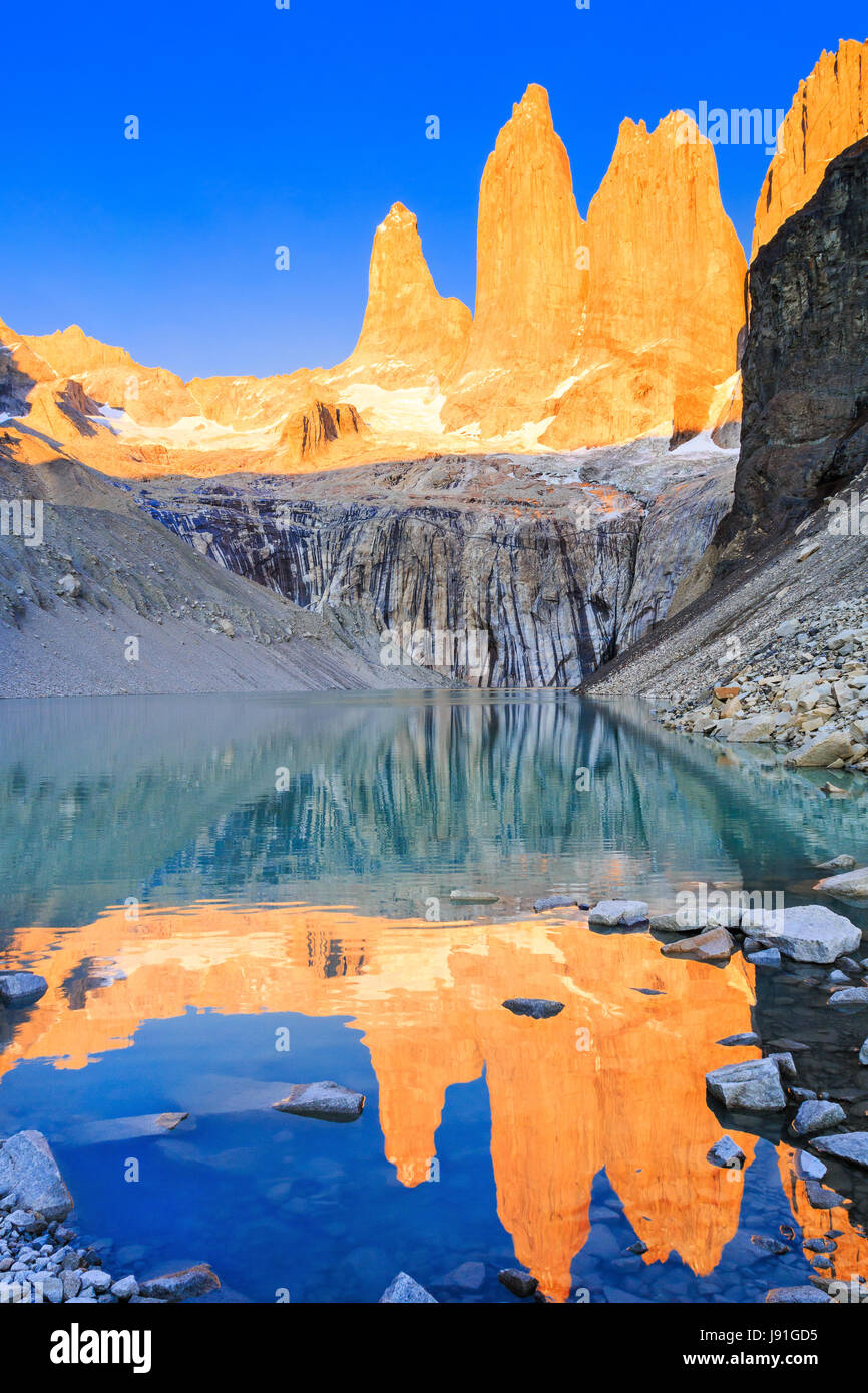 Torres Del Paine National Park, Chile. Sunrise at the Torres lookout ...