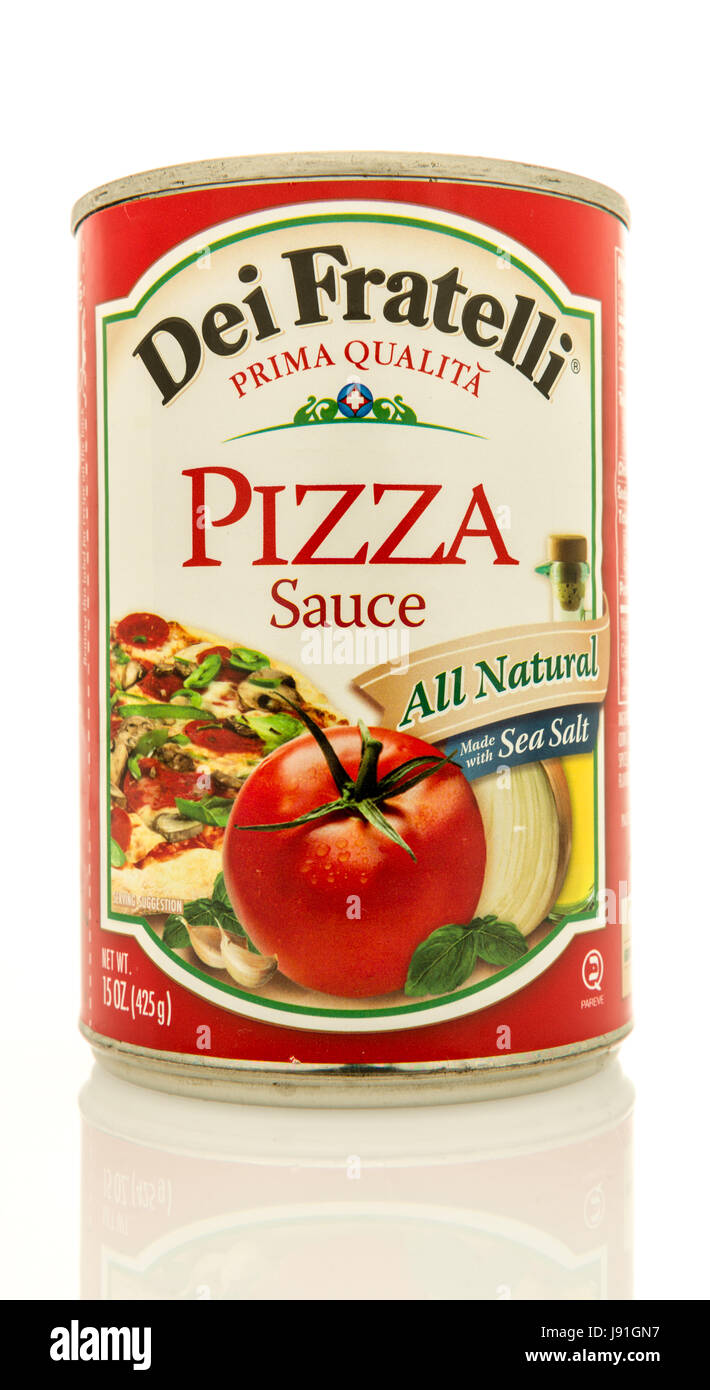 Winneconne, WI - 16 May 2017: A can of Dei Fratelli pizza sauce on an ...