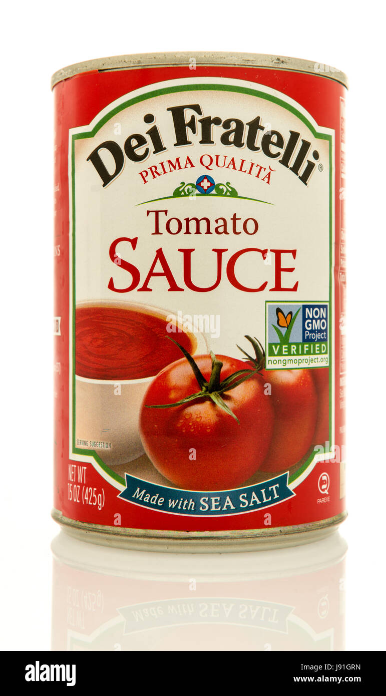 Winneconne, WI - 16 May 2017: A can of Dei Fratelli tomato sauce on an ...