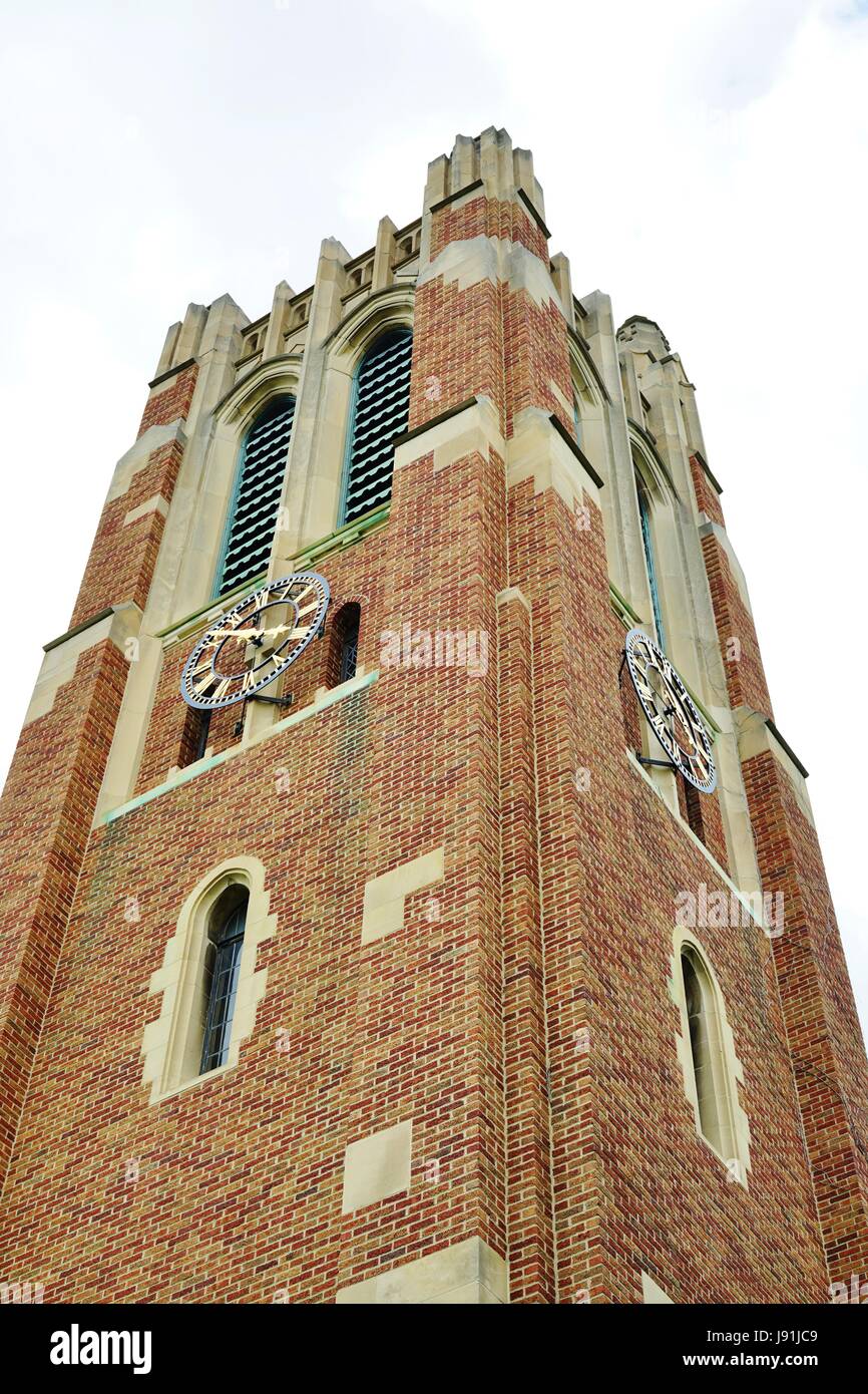 View of the landmark Beaumont Tower carillon on the campus of Michigan ...