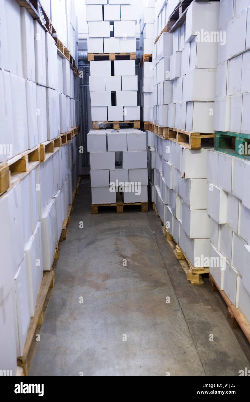 corridor, composition, horizontal, package, stack, warehouse, box ...