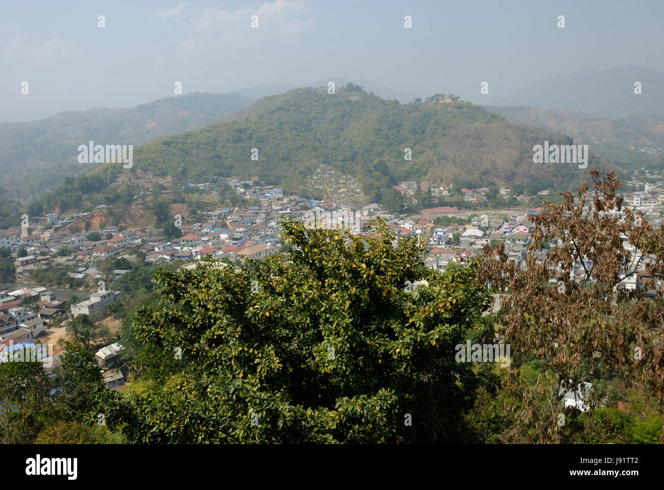 thailand, myanmar, border town, burma, houses, city, town, tree, trees ...