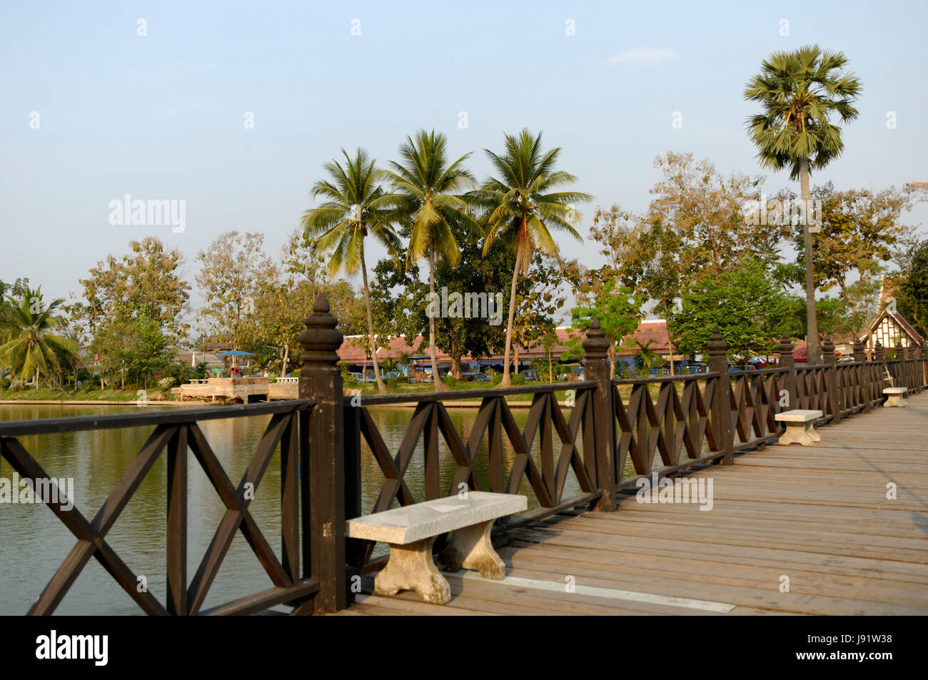 bridge, palms, thailand, railing, bridge parapet, palmtrees, green ...