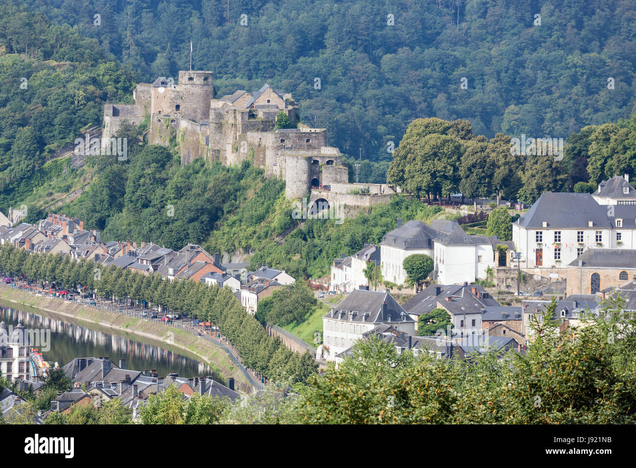 Aerial view Bouillon with medieval castle along river Semois in Belgian ...