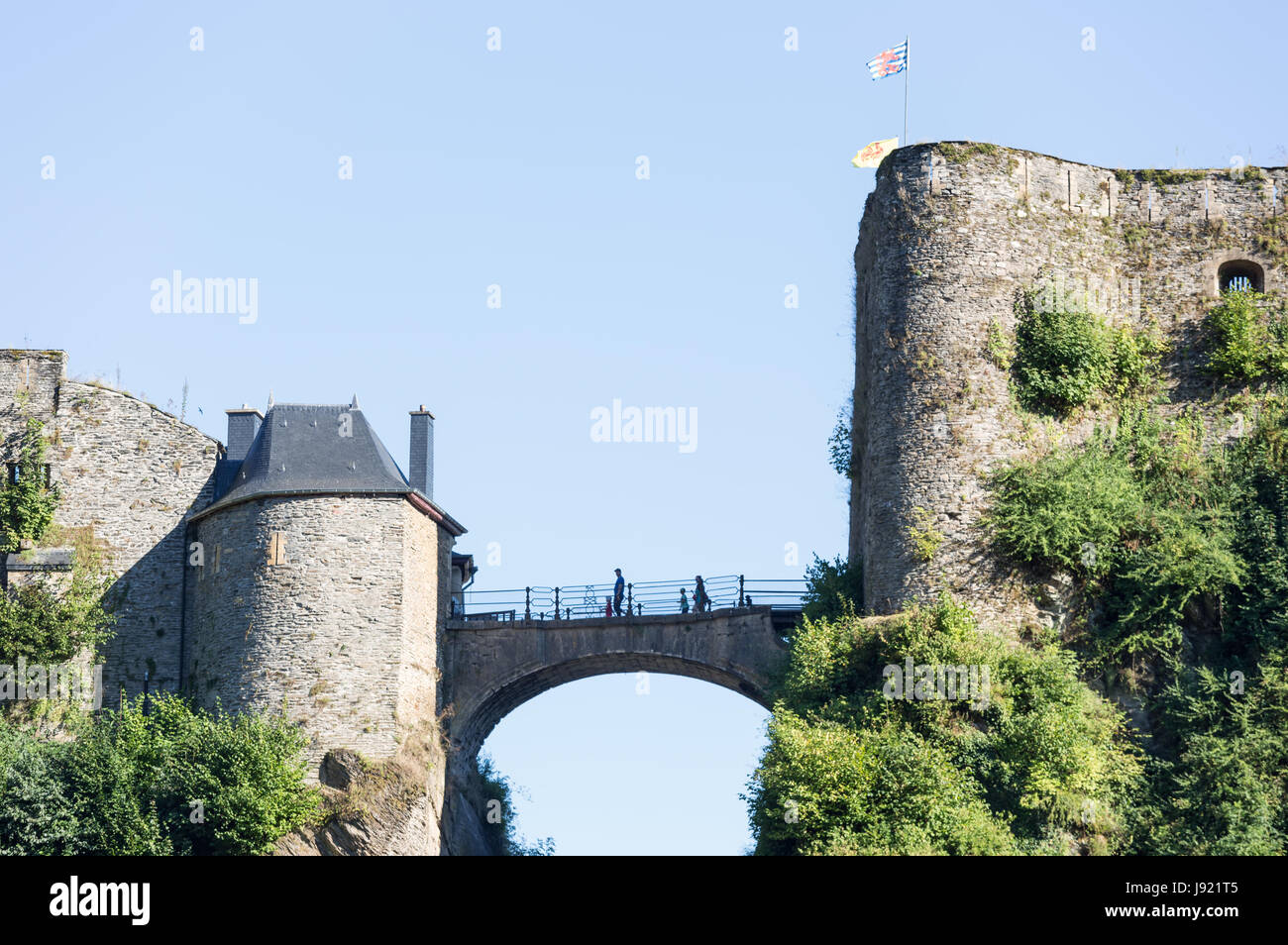 View at walls and lock bridge of medieval Castle Bouillon in Belgian ...