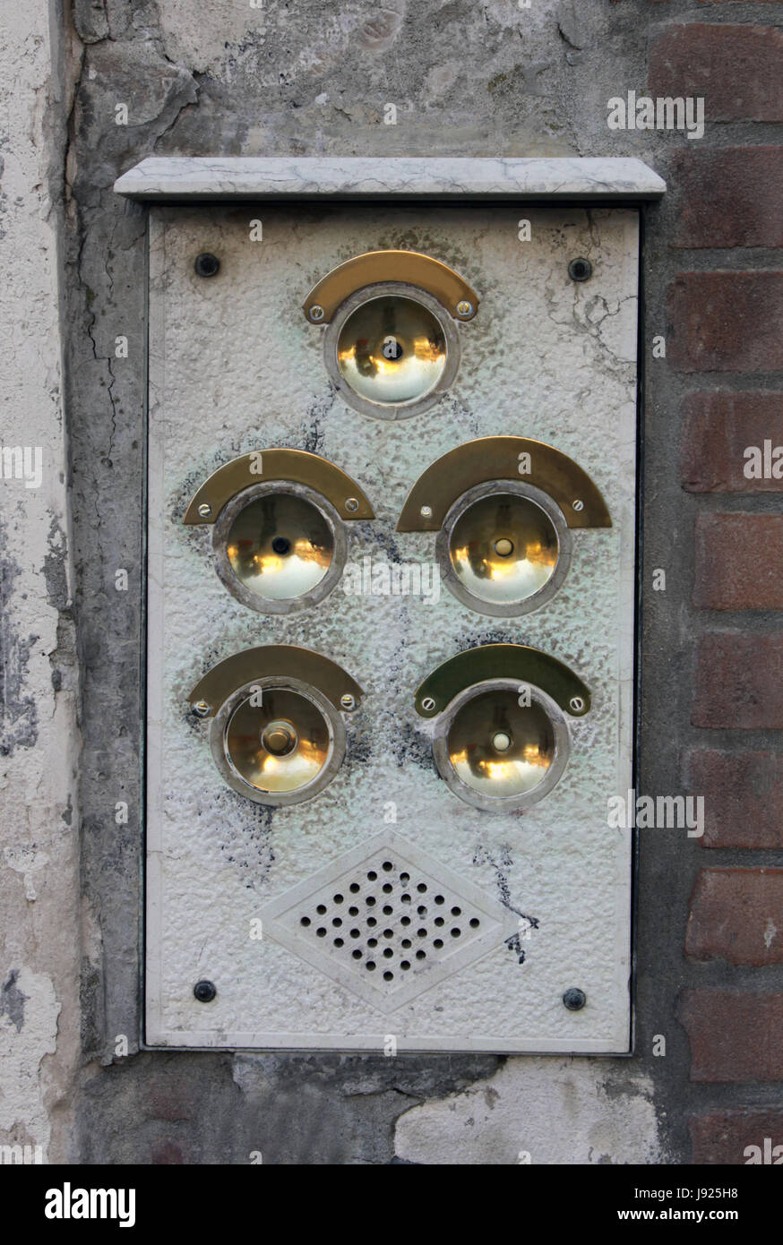 antique, five, wall, front view, brass, bell, ringer, doorbell ...