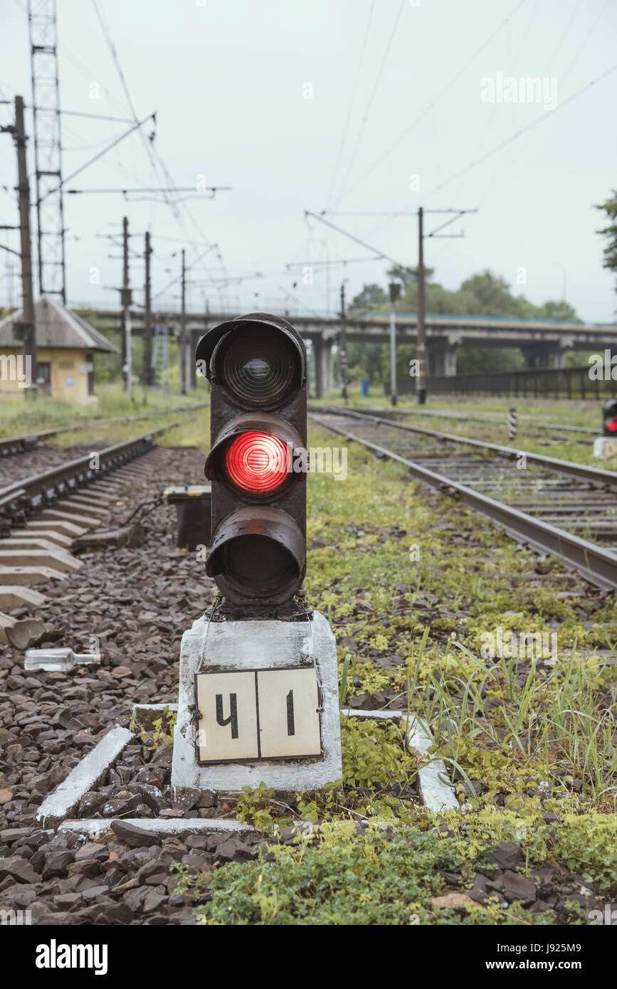 Red railway traffic light and line, Ukraine Stock Photo - Alamy