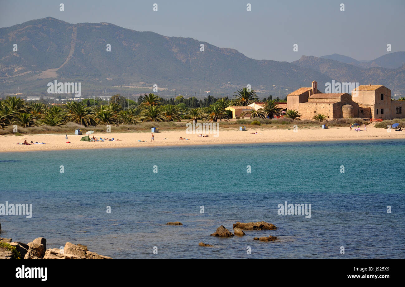 Beeautiful Nora beach and old cathedral view on Sardinia island in ...