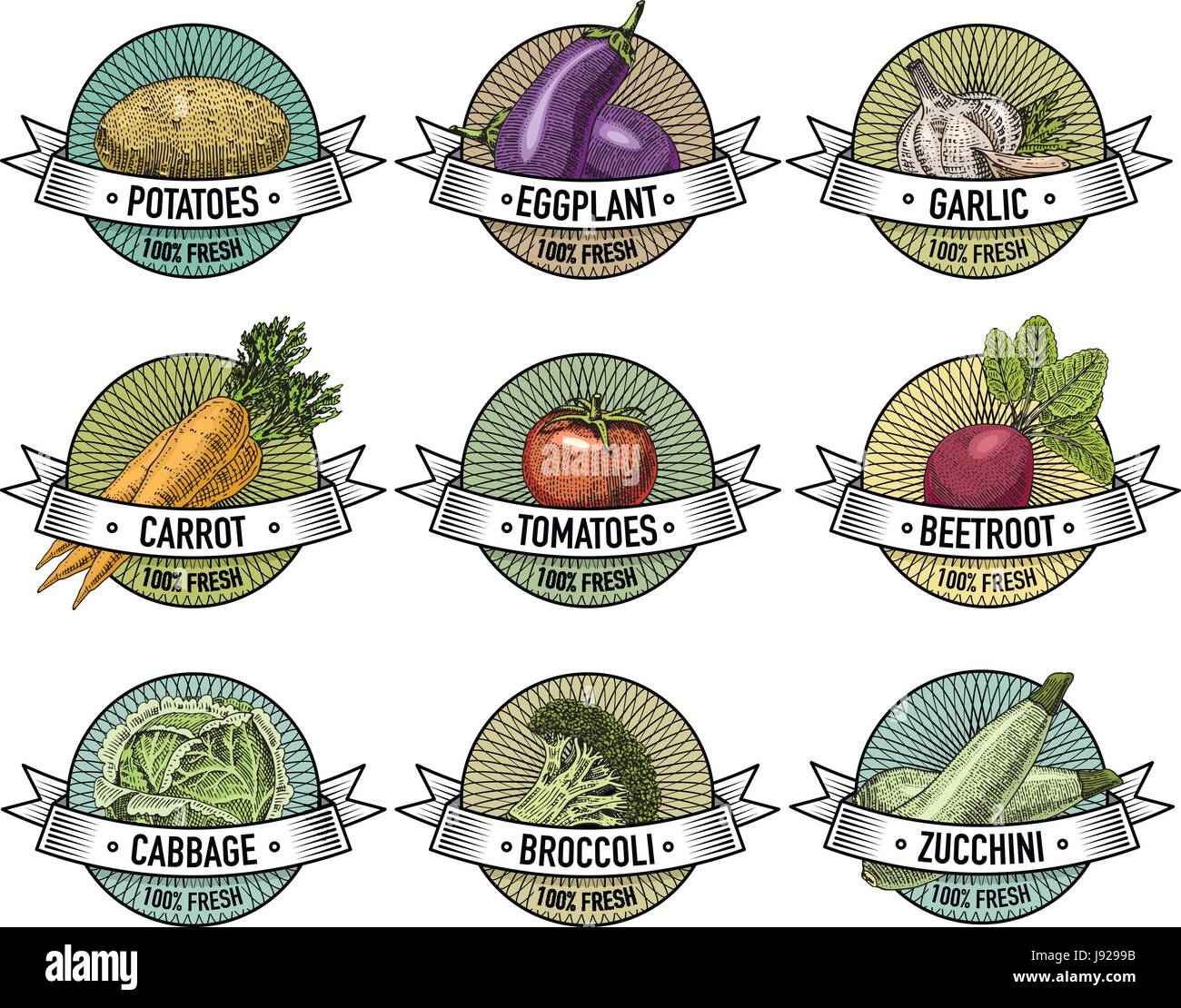 Vintage set of labels, emblems or logo for vegeterian food, vegetables ...