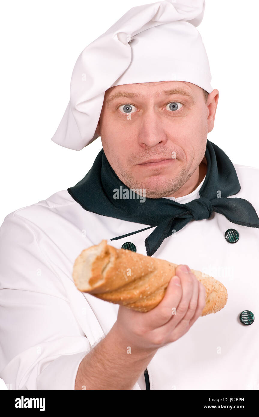 bread, men, man, isolated, uniform, cook, chef, baguette, loaf, laugh ...