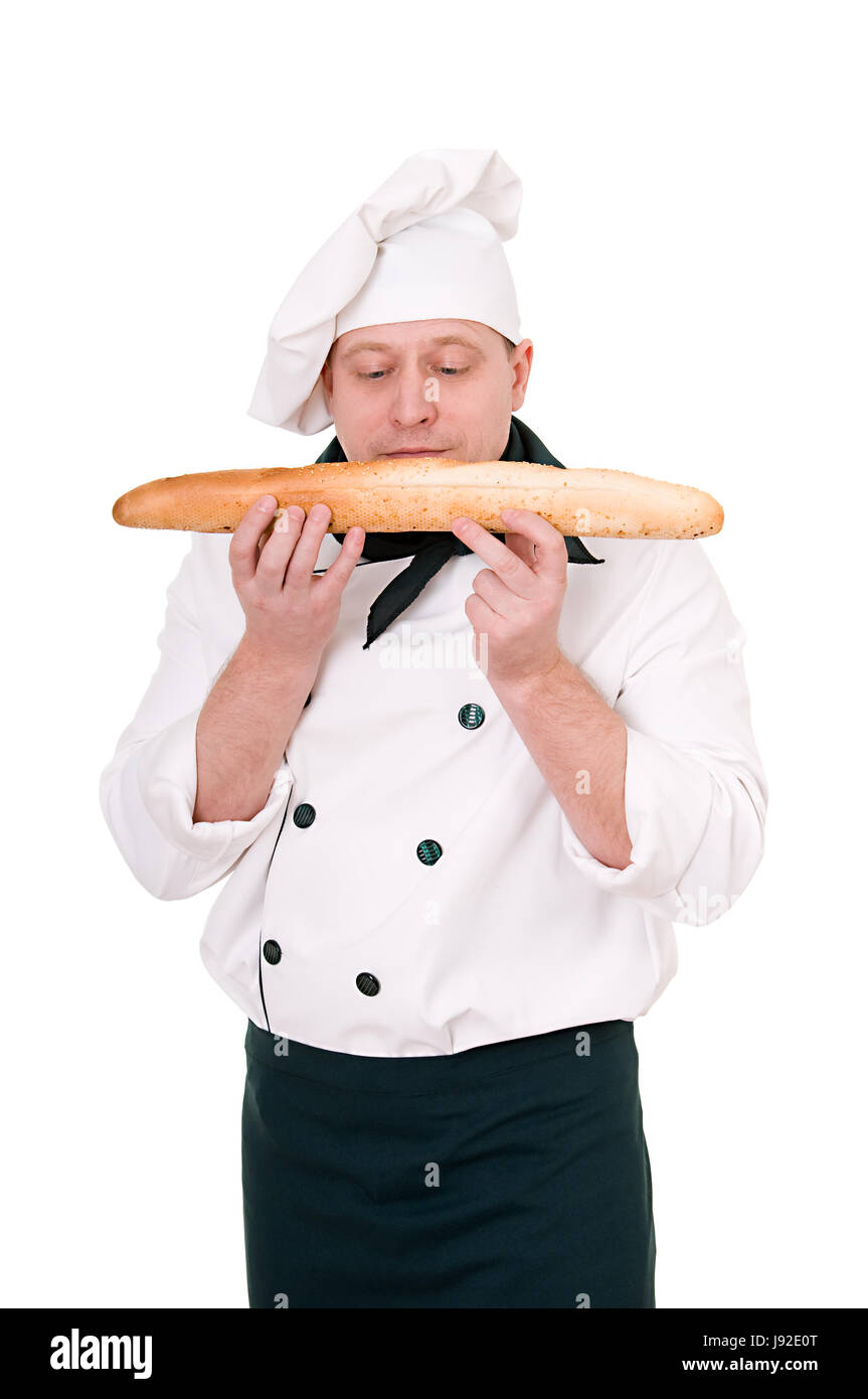 bread, men, man, isolated, uniform, cook, chef, baguette, loaf, laugh ...