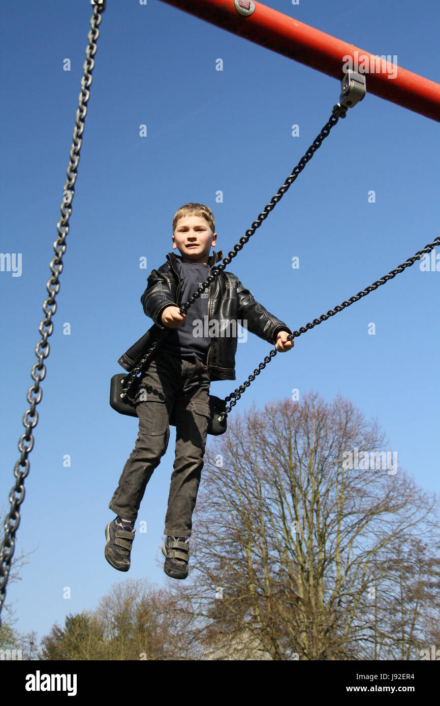 swinging, swing, schoolchild, young, younger, child, playground, blue ...