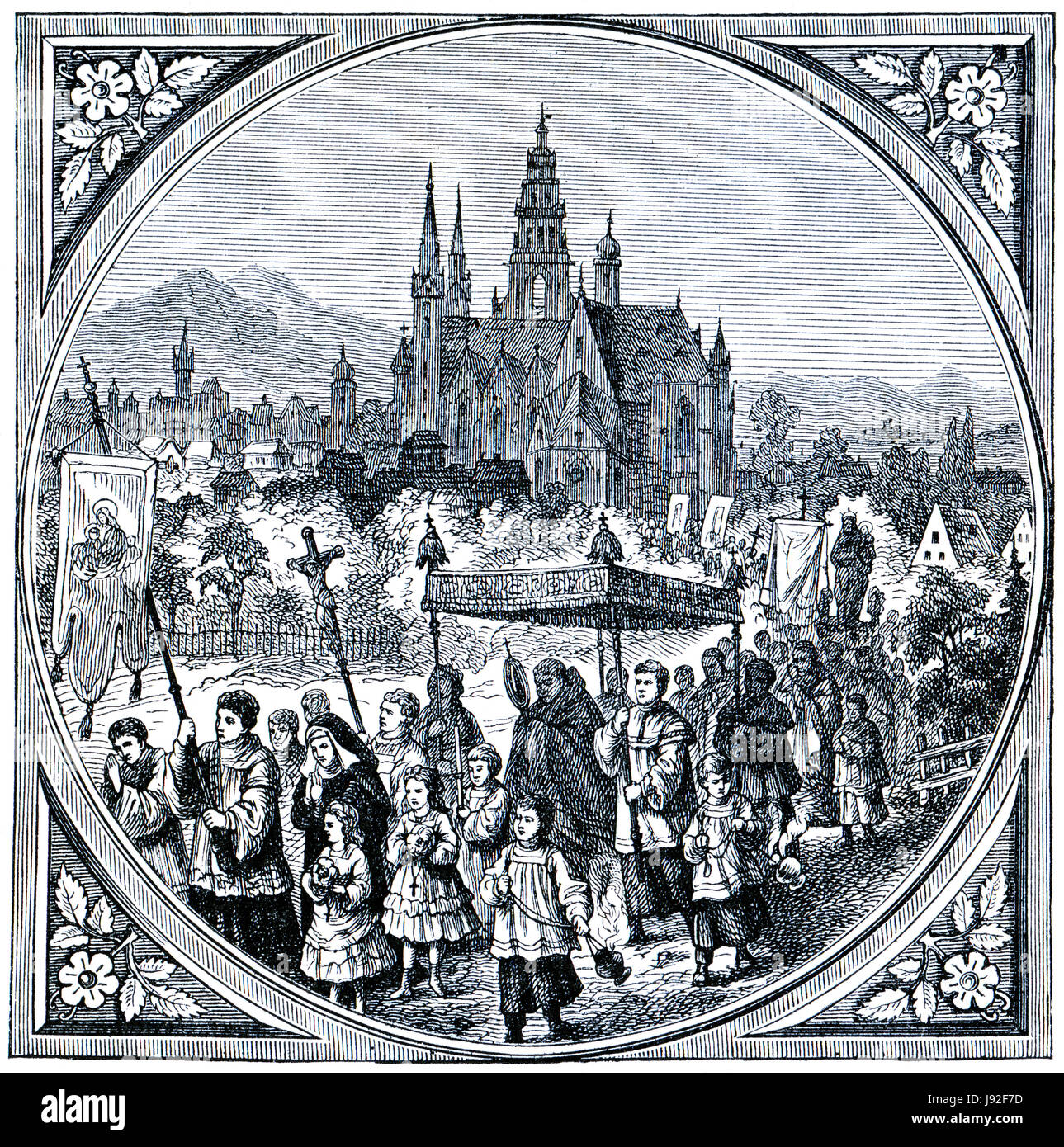 procession, corpus christi, old, engraving, religion, church, antique ...