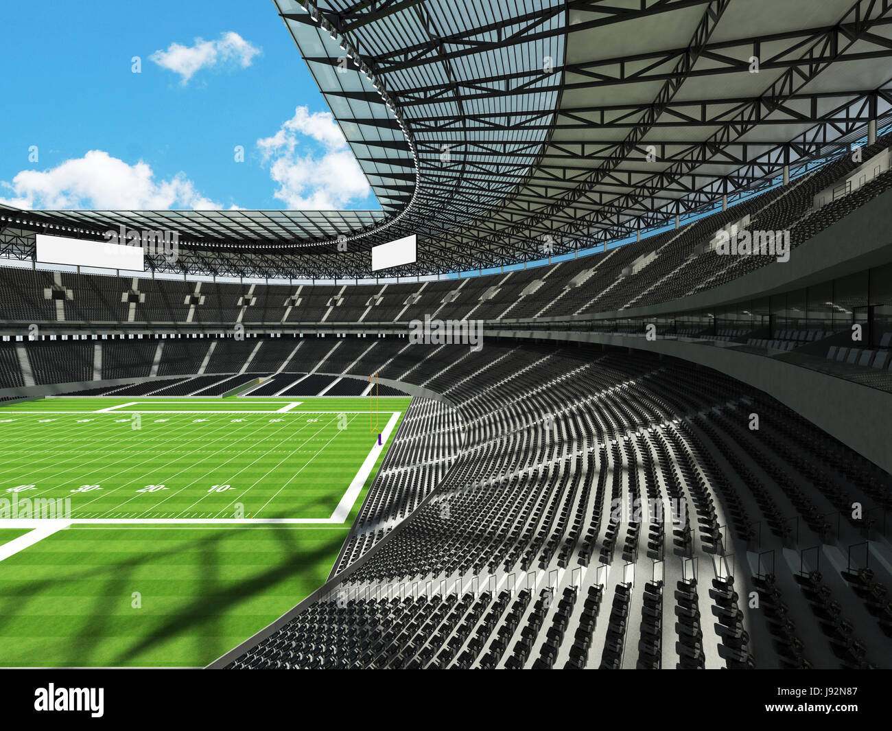 3D render of a round football stadium with black seats, glass roof and ...