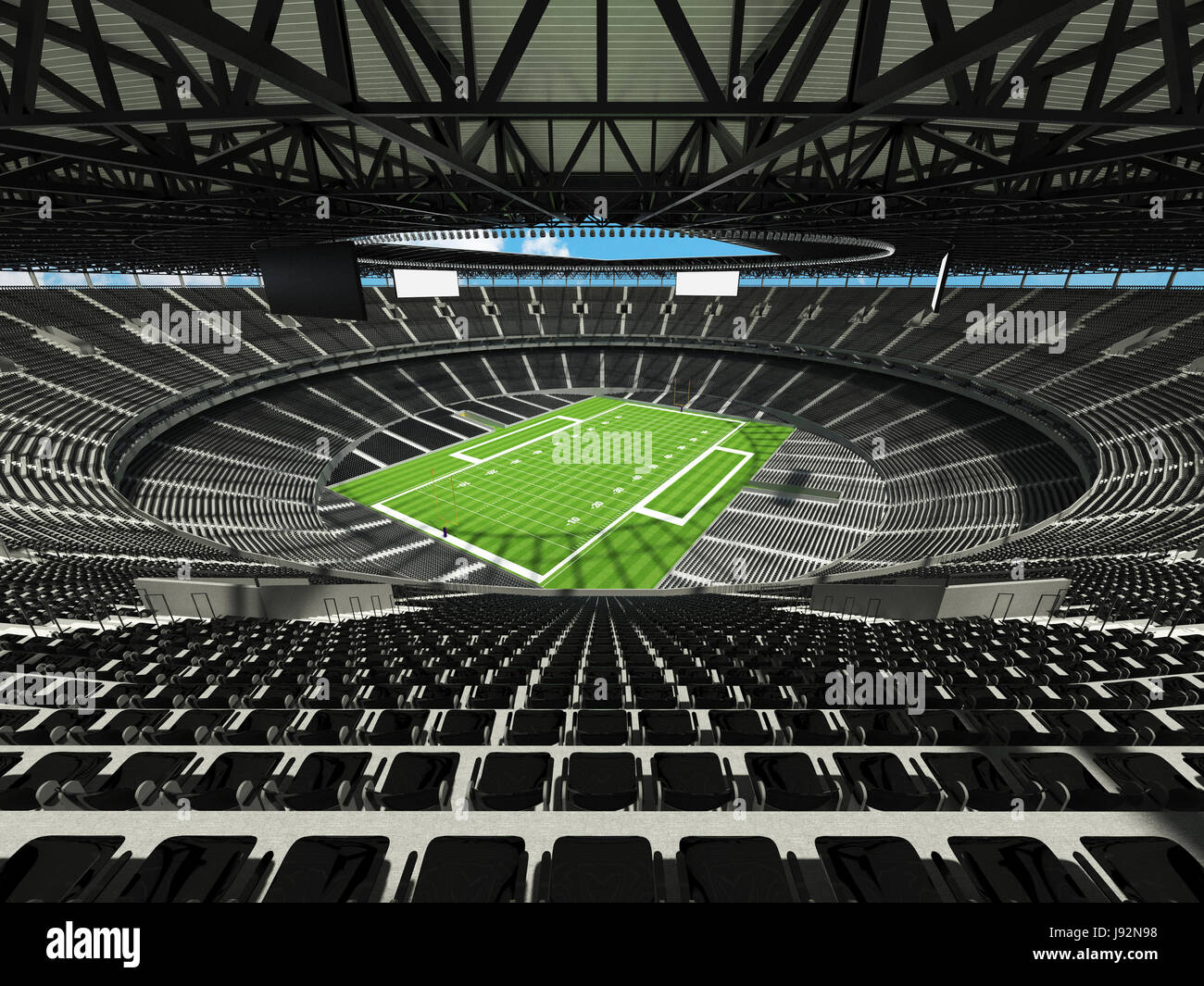 3D render of a round football stadium with black seats, glass roof and ...