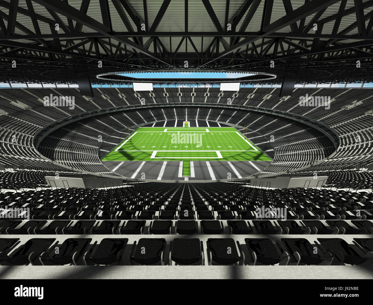 3D render of a round football stadium with black seats, glass roof and ...