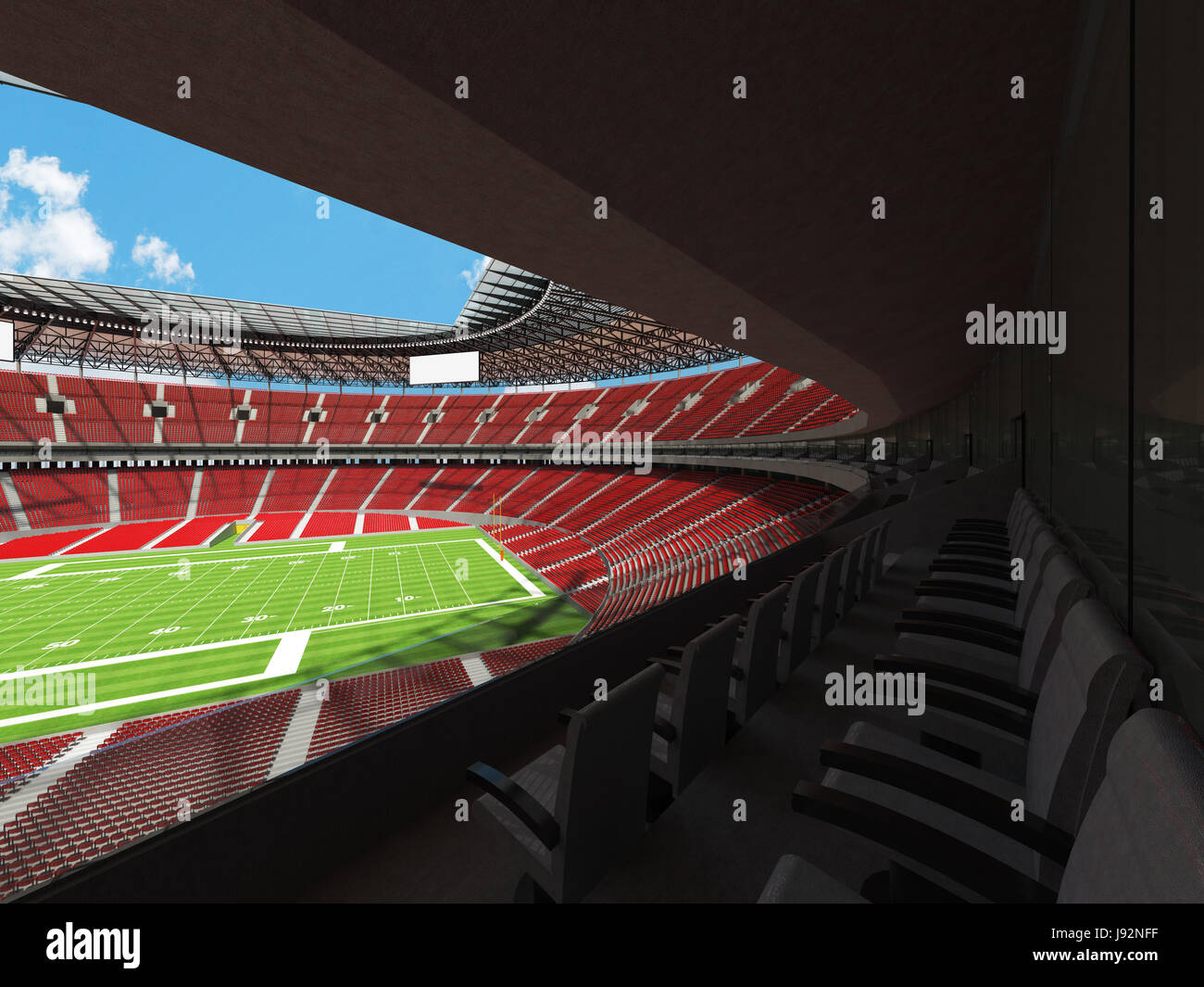3D render of a round football stadium with read seats, VIP boxes open ...