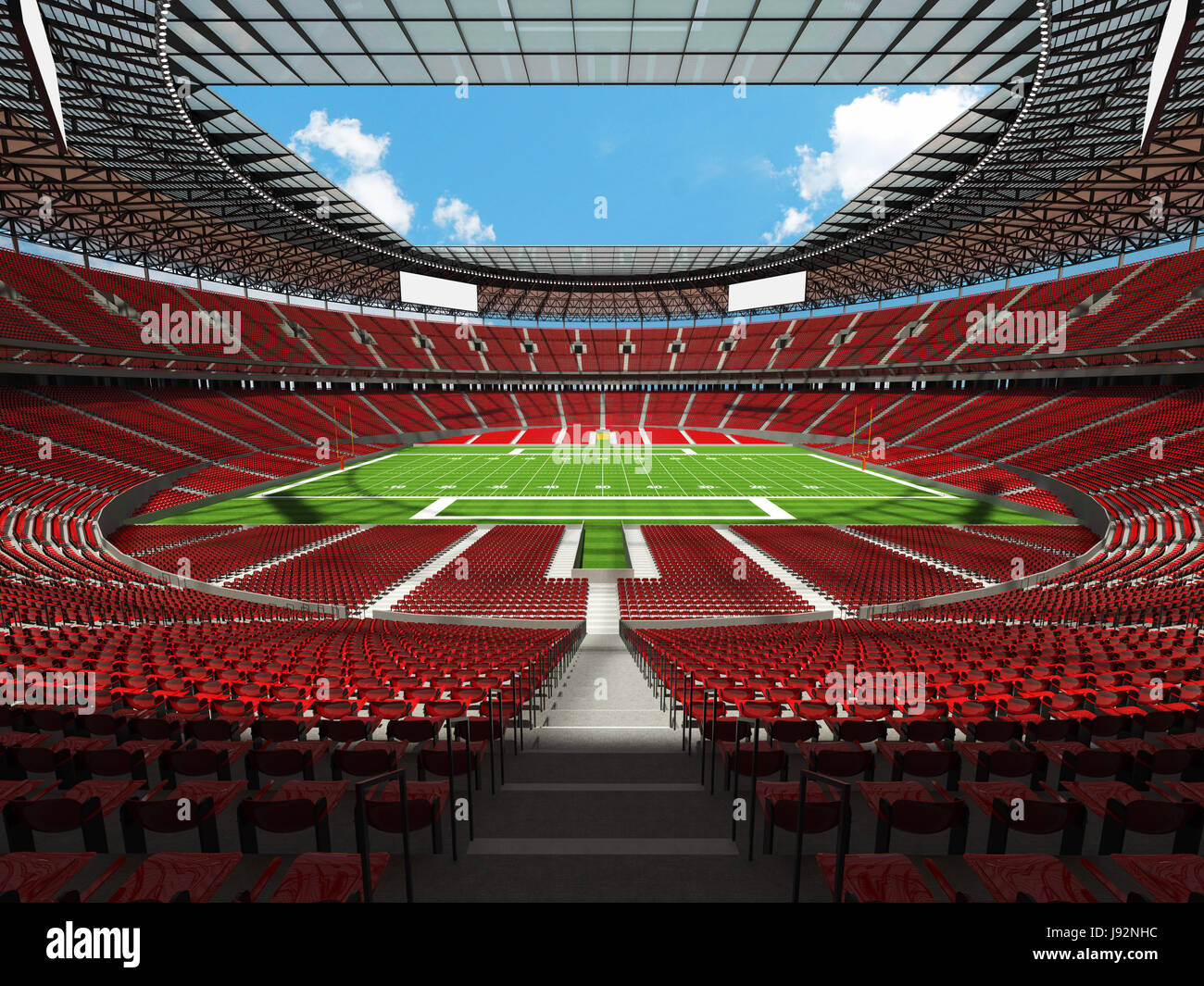 3D render of a round football stadium with read seats, VIP boxes open ...