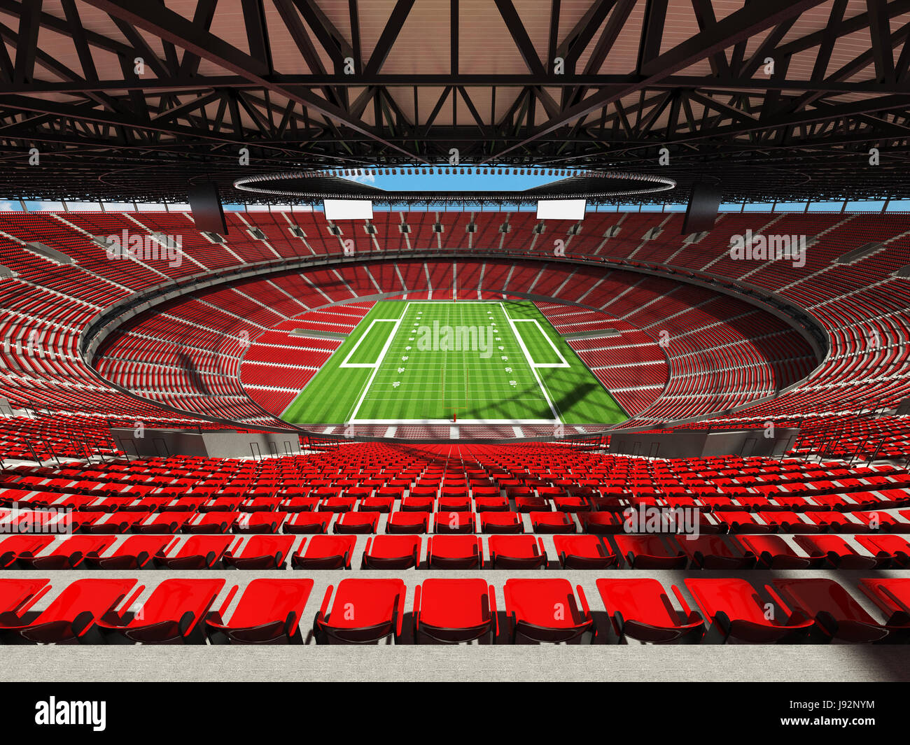 3D render of a round football stadium with read seats, VIP boxes open ...