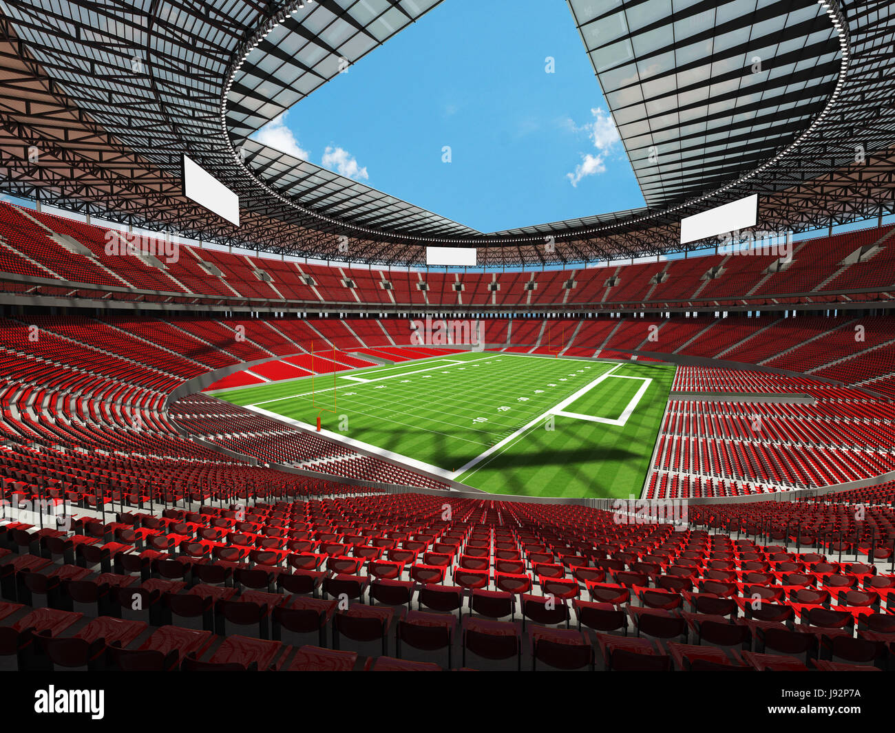 3D render of a round football stadium with read seats, VIP boxes open ...
