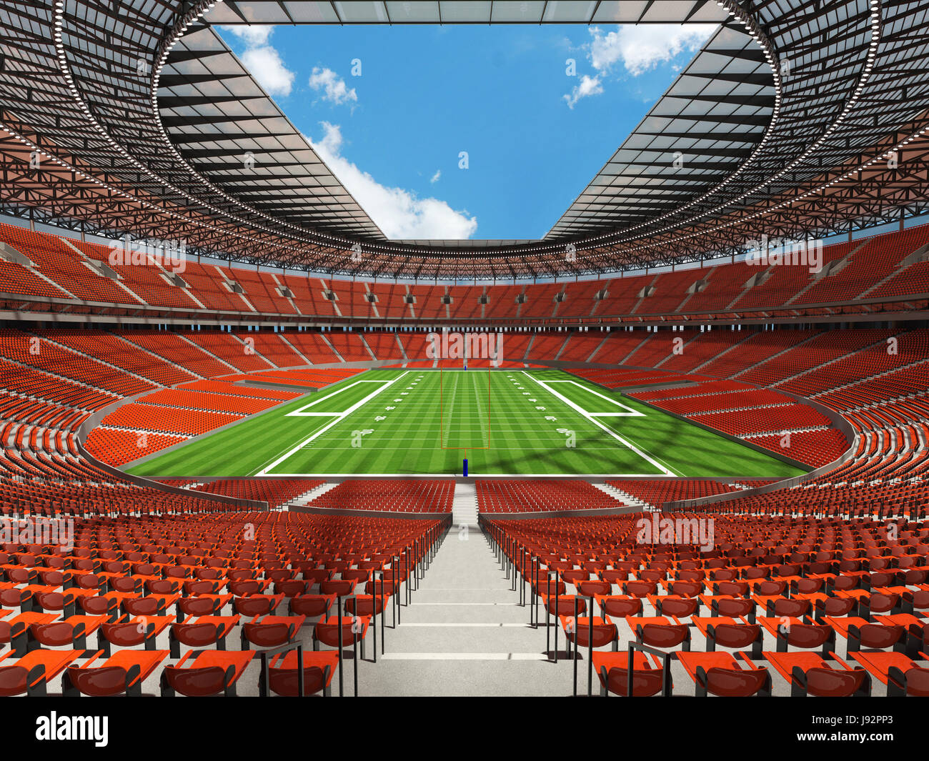 3D render of a round football stadium with orange seats for hundred ...