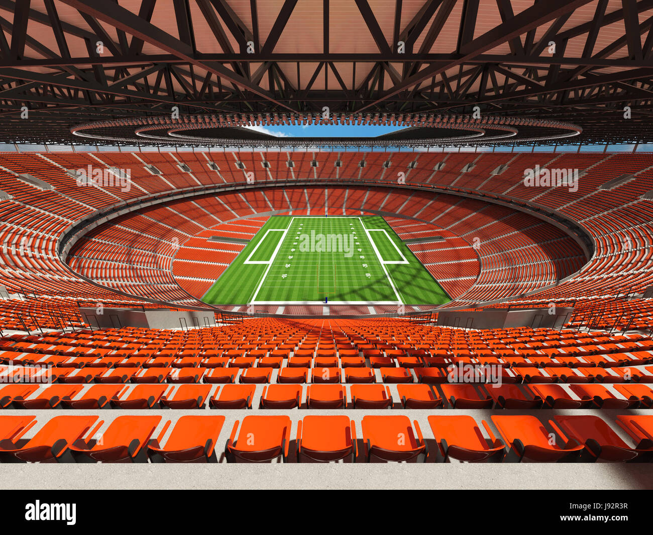 3D render of a round football stadium with orange seats for hundred ...