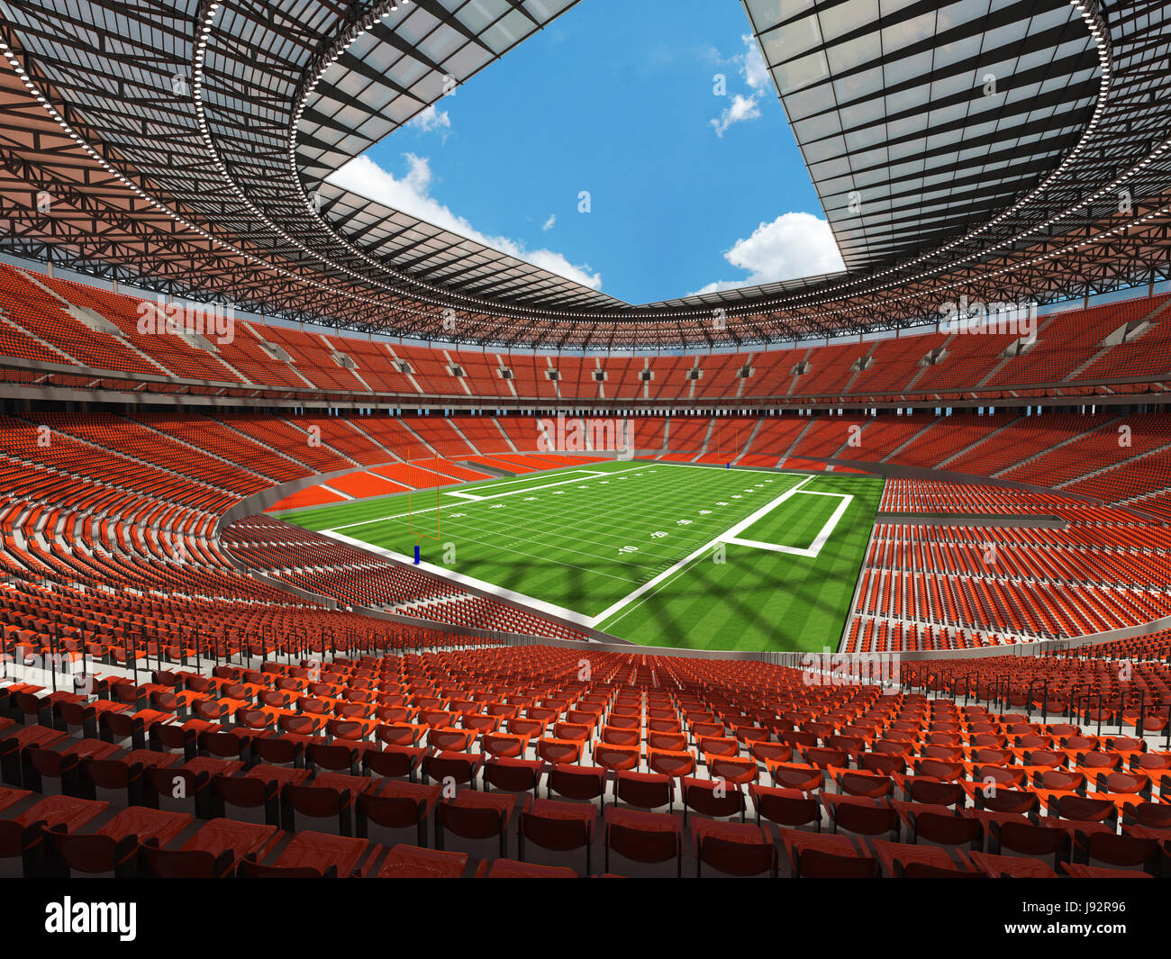 3D render of a round football stadium with orange seats for hundred ...