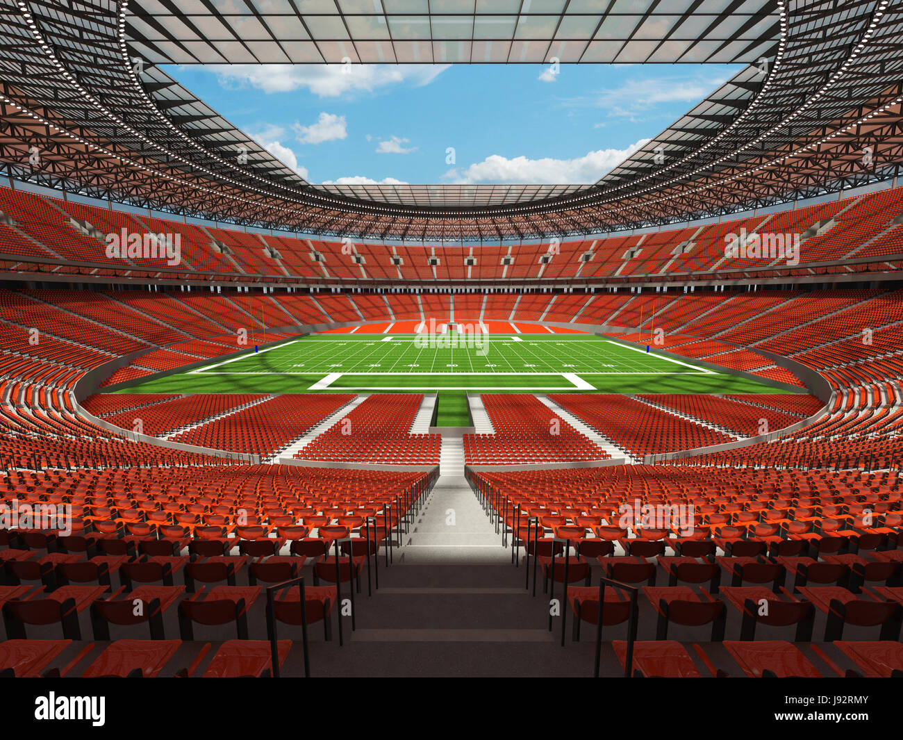 3D render of a round football stadium with orange seats for hundred ...