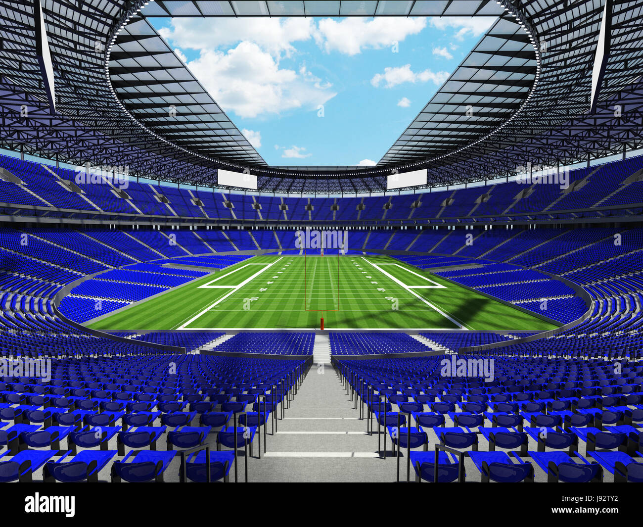3D render of a round football stadium with blue seats for hundred ...