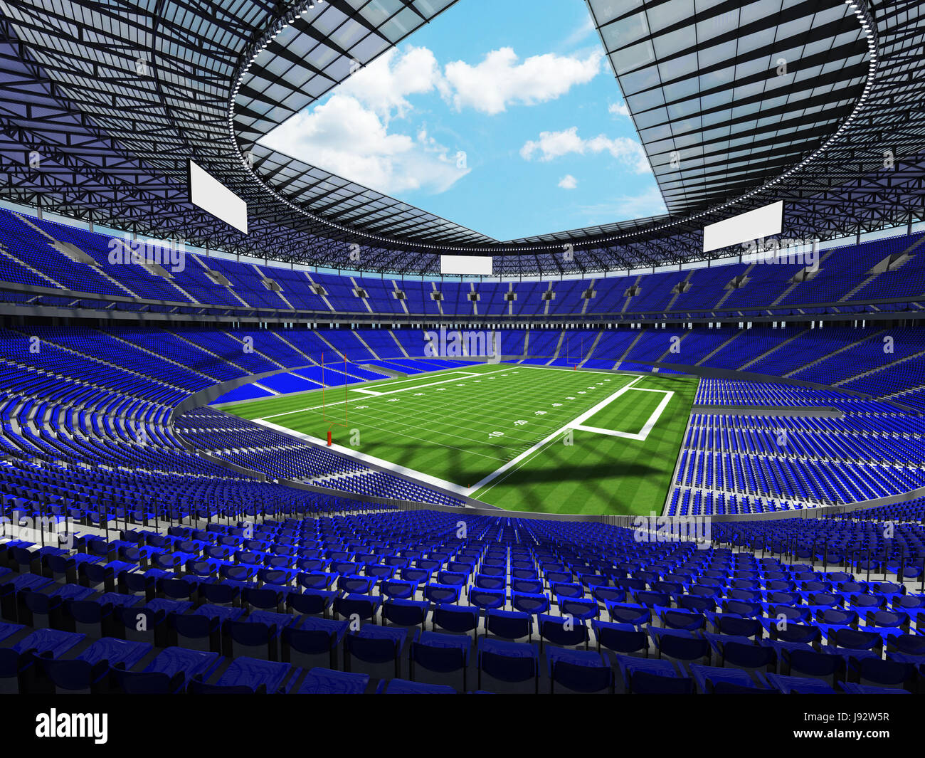 3D render of a round football stadium with blue seats for hundred ...