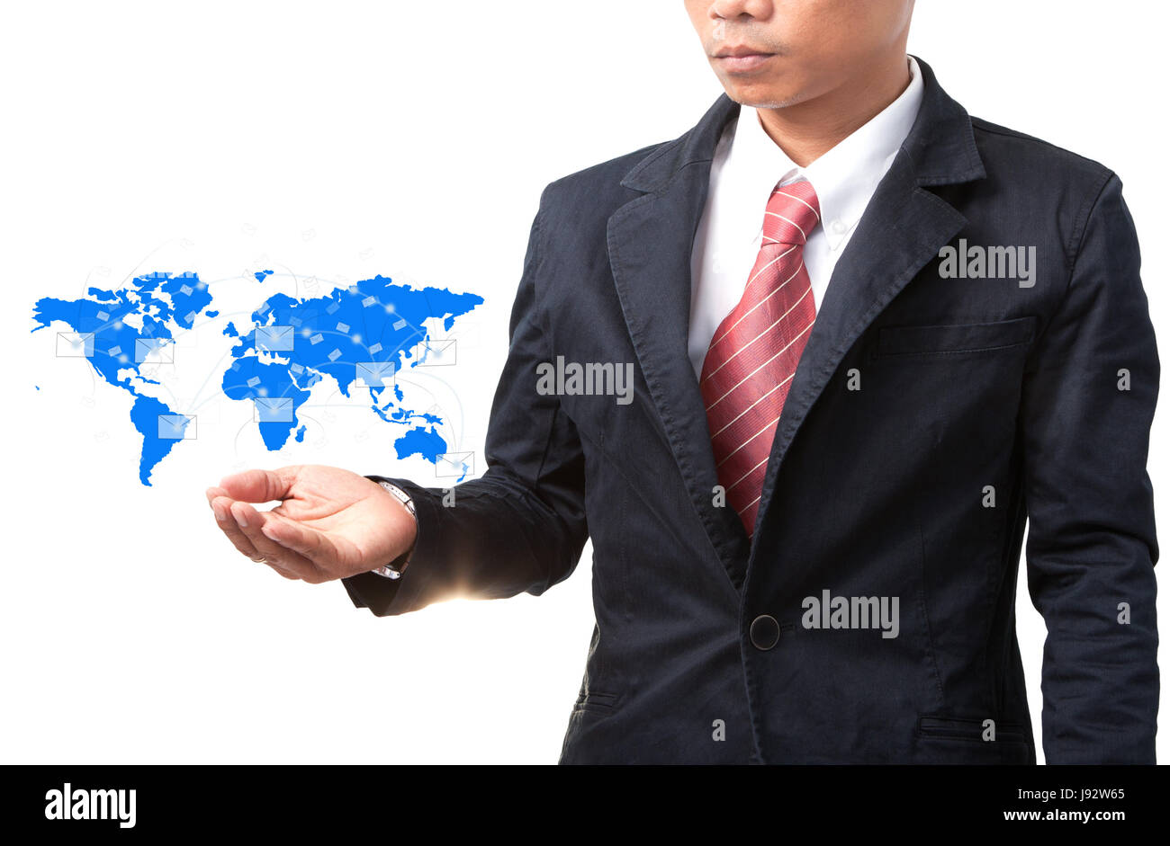 business man and hand holding world map of data and information network ...