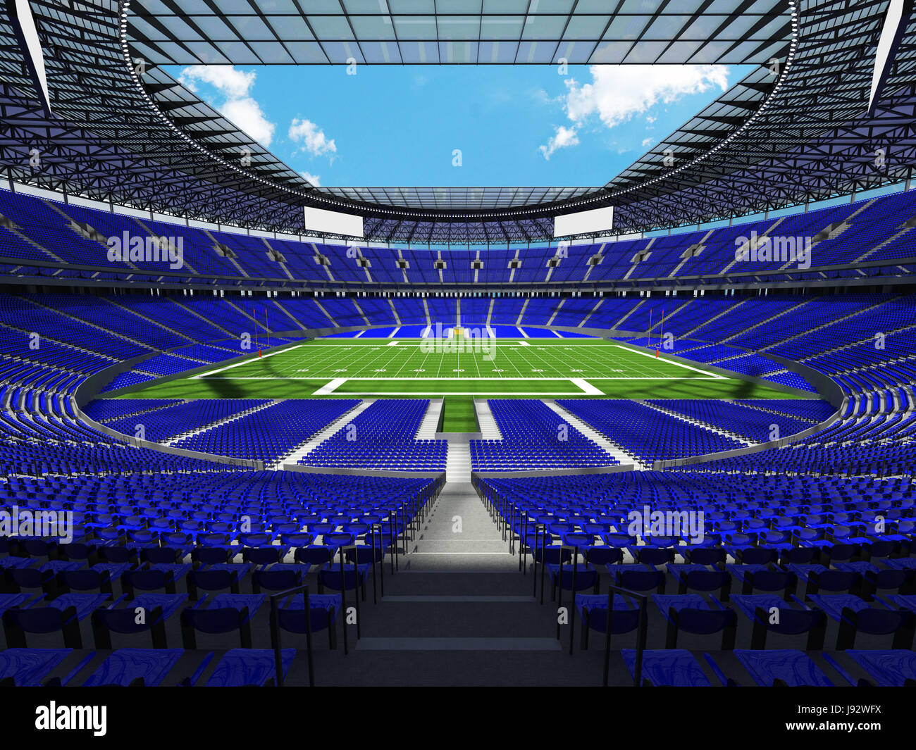 3D render of a round football stadium with blue seats for hundred ...