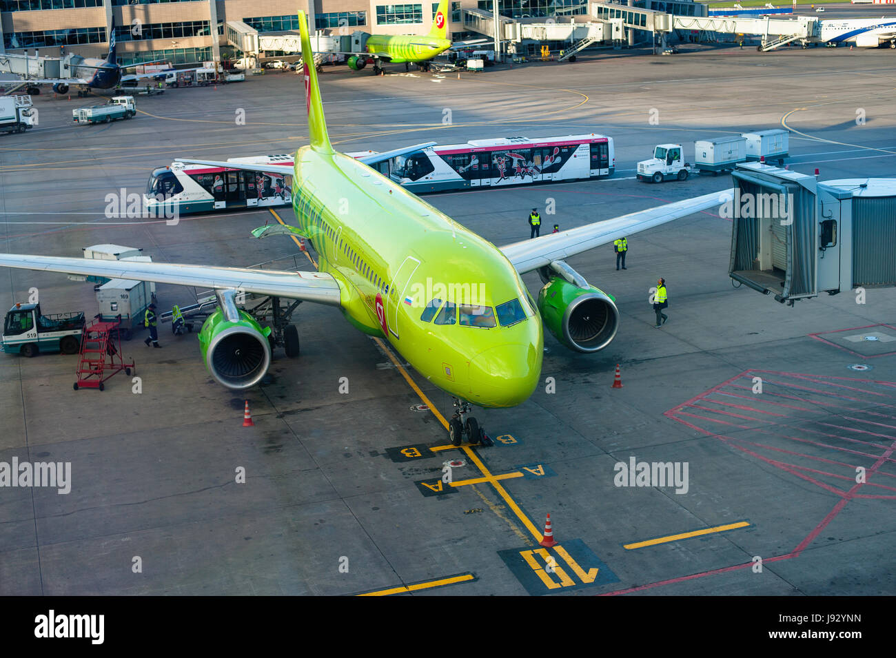 MOSCOW, RUSSIA - May 28, 2017: Airplane is under loading in Domodedovo ...