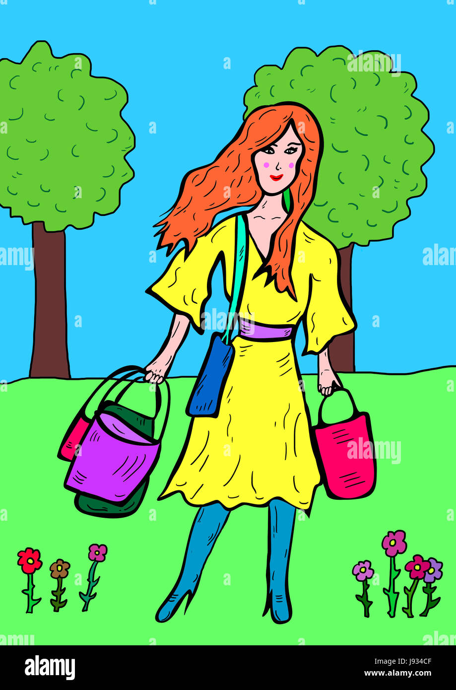 Painting woman carrying shopping bags hi-res stock photography and ...