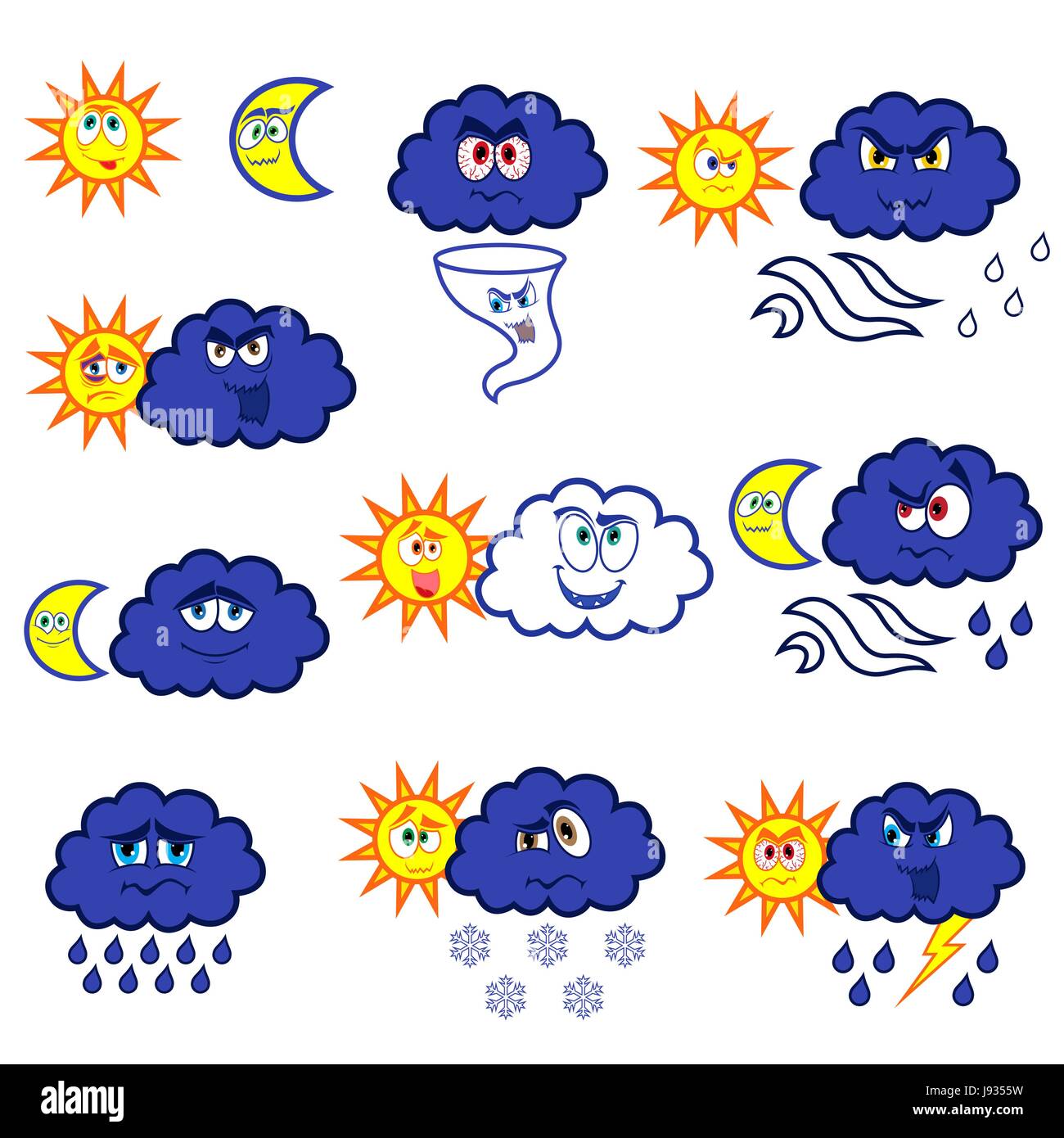 Set of eleven cartoon color weather symbols, vector illustration ...