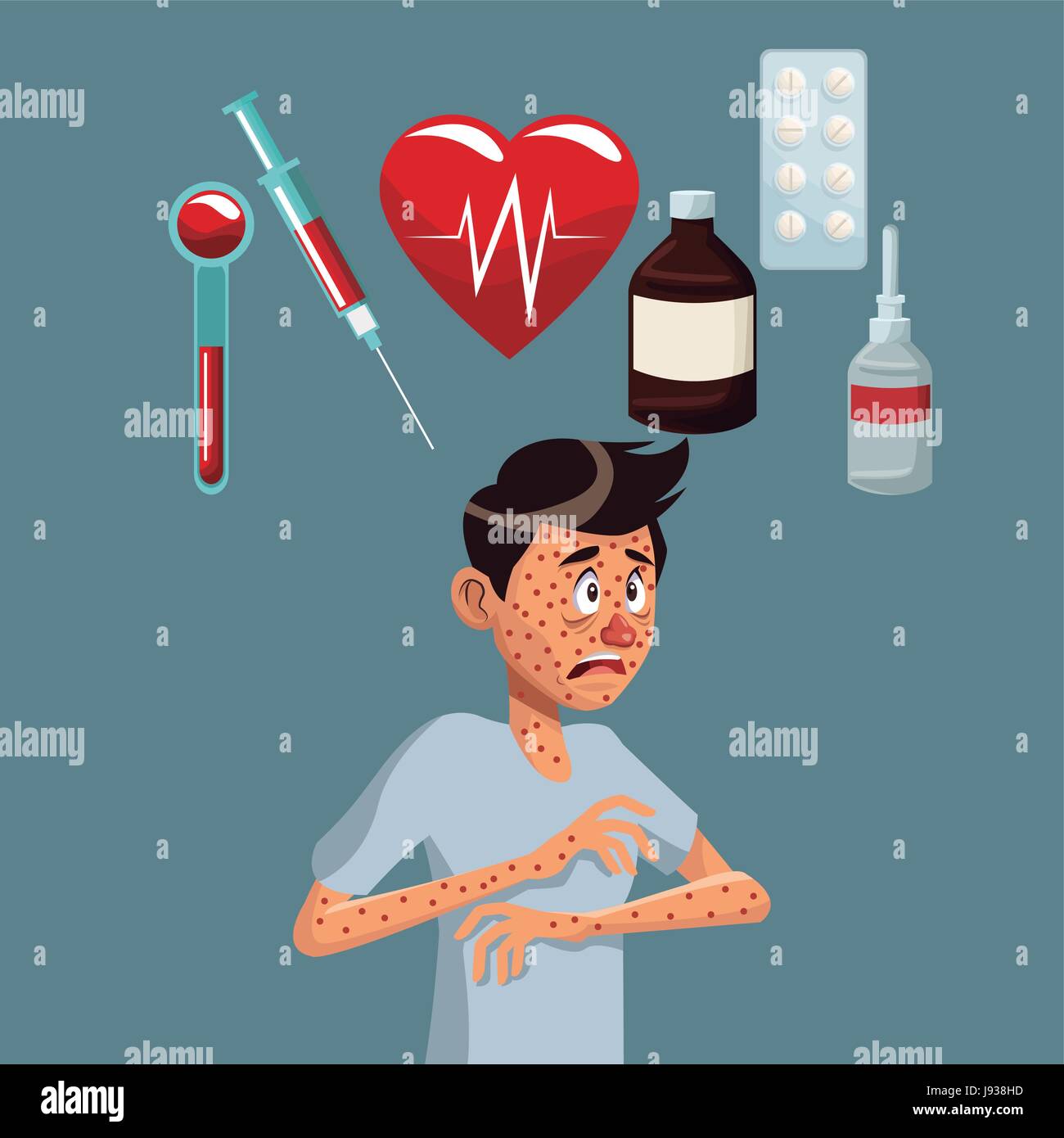 gray color background with rash sickness man half body icons medicine ...