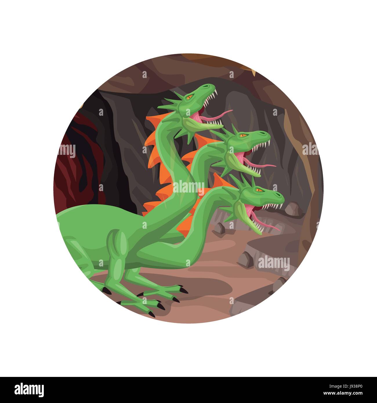 circular frame with cave interior scene and hydra mythological creature ...