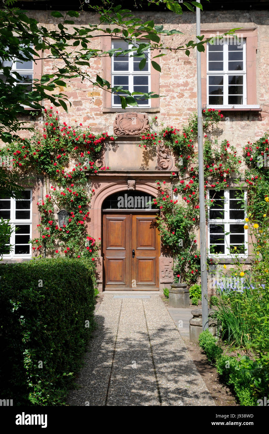 house, building, entrance, door, roses, hesse, front door, slot, window ...