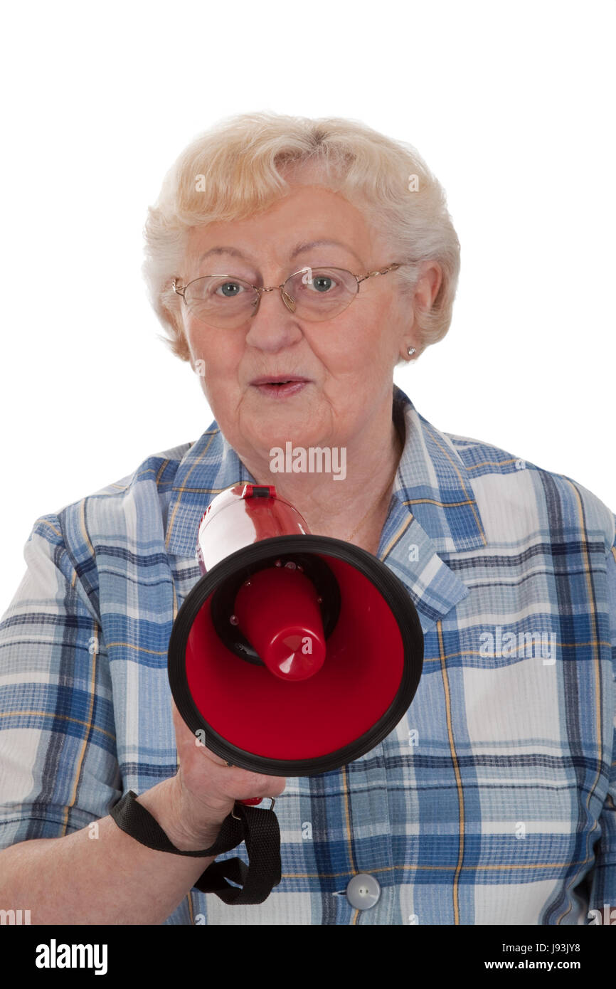woman, seniort, announcement, megaphone, old, woman, talk, speaking ...