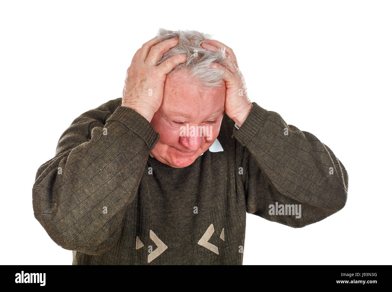 Picture of an old man having a serious headache - isolated background ...